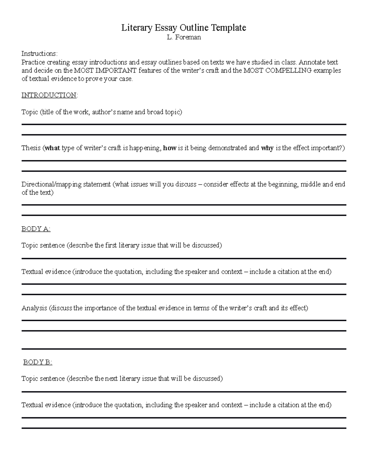 Literary Essay Outline Template 2 - ENG4U - uOttawa - Studocu