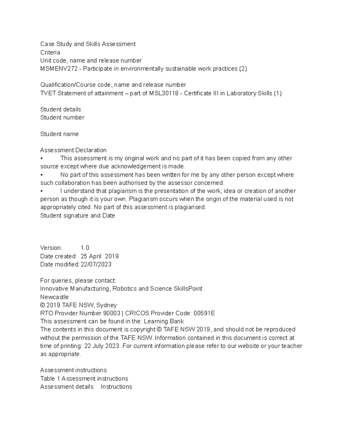 Case Study and Skills Assessment tafe - Case Study and Skills ...