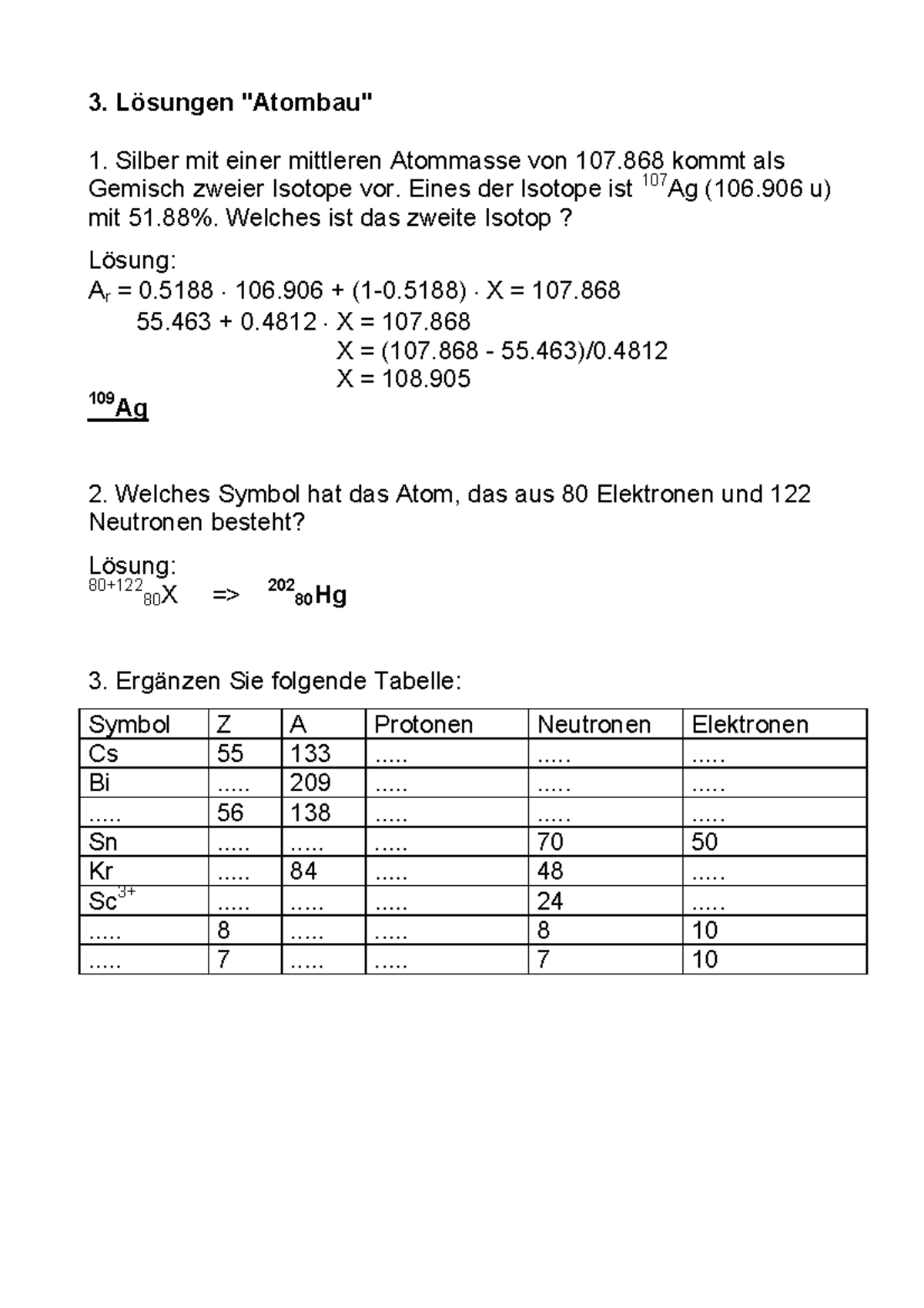 Uebung 3 atombau loesung - Lösungen "Atombau" Silber mit einer ...