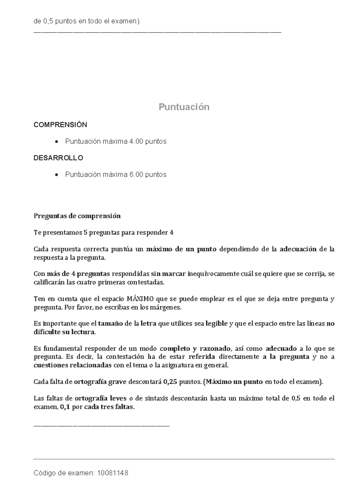 Examen procesos (otro) con nota 10 - de 0,5 puntos en todo el examen). Puntuación COMPRENSIÓN ∑ ...