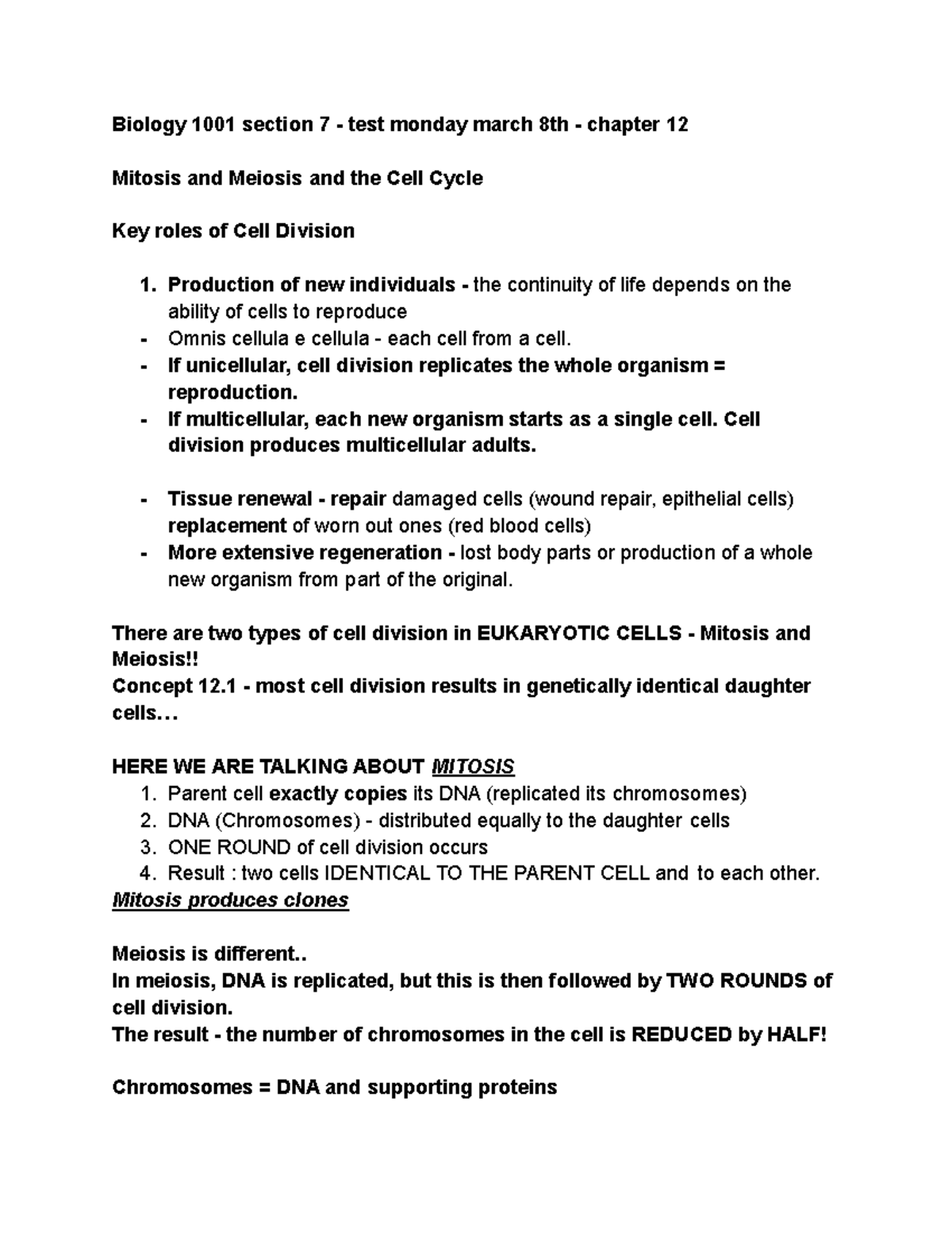 BIO 1001 Section 7 Cell cycle, mitosis, meiosis - Biology 1001 section ...