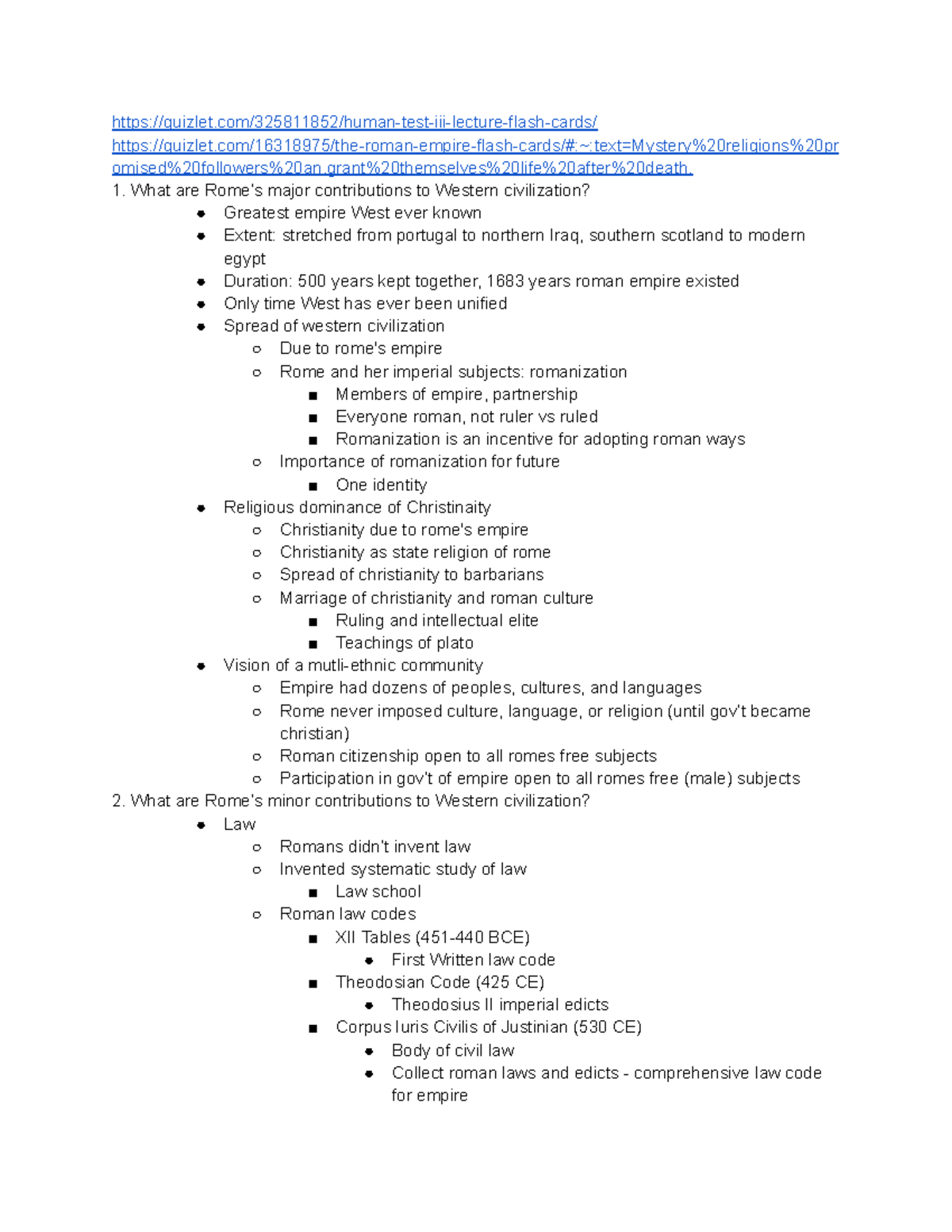 Classic Civ Rome SG Test 3 - 1. What are major contributions to Western ...