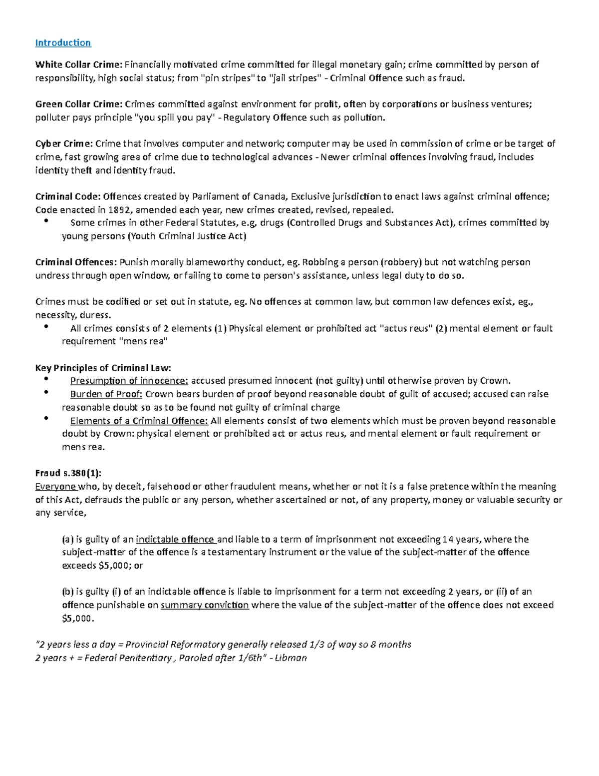 LAW602 Final Notes - Introduction White Collar Crime: Financially ...
