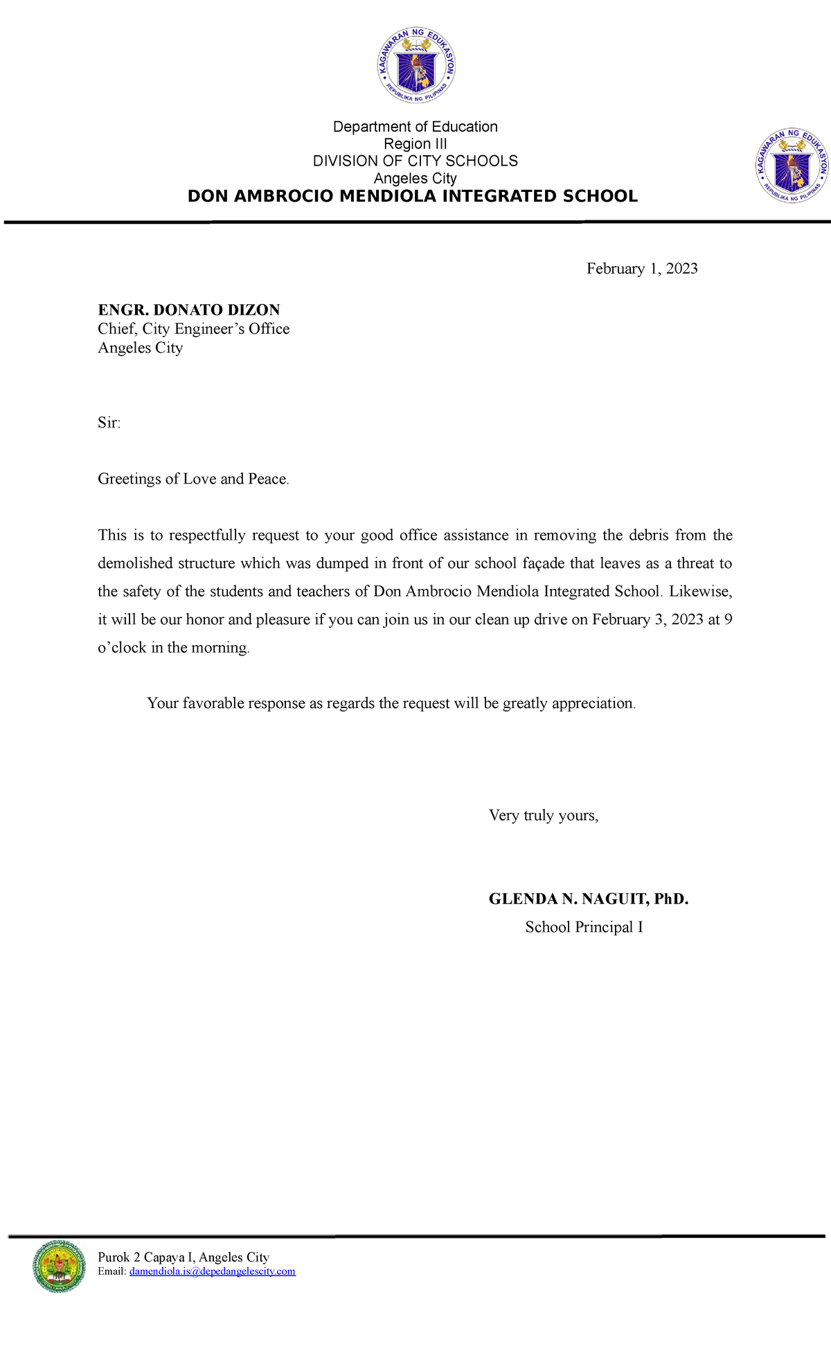 Letter-request Clearing OF Debris - Department of Education Region III ...