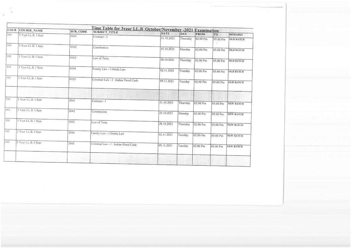 Time table-October November-2021 - Family law - Studocu
