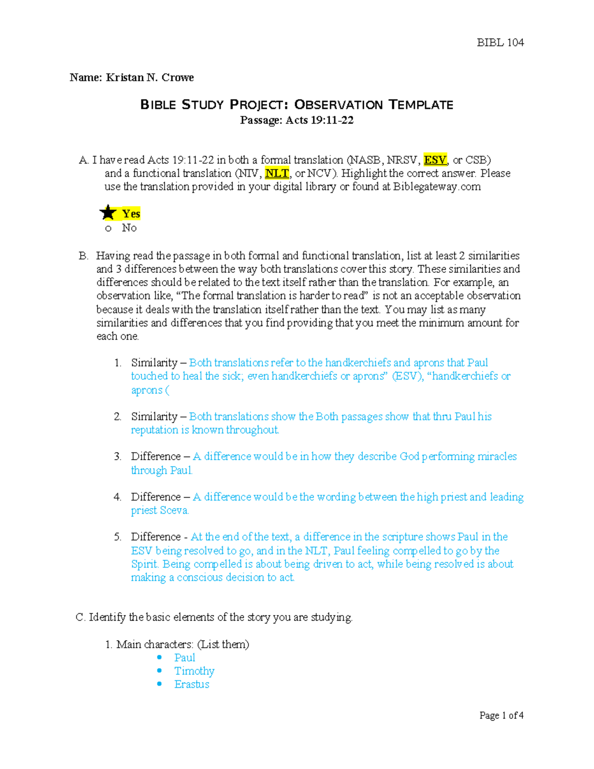 Bible Study Project Observation Template - Name: Kristan N. Crowe BIBLE ...