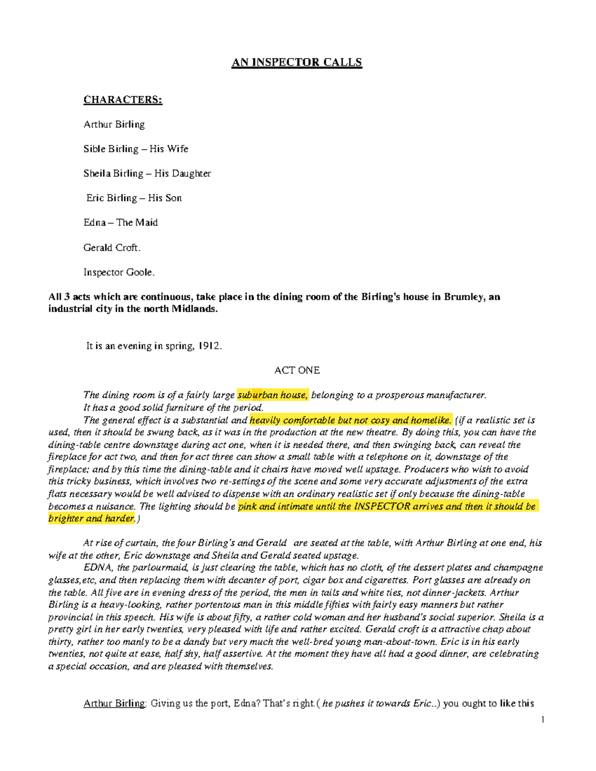 An Inspector Calls - AN INSPECTOR CALLS CHARACTERS: Arthur Birling ...