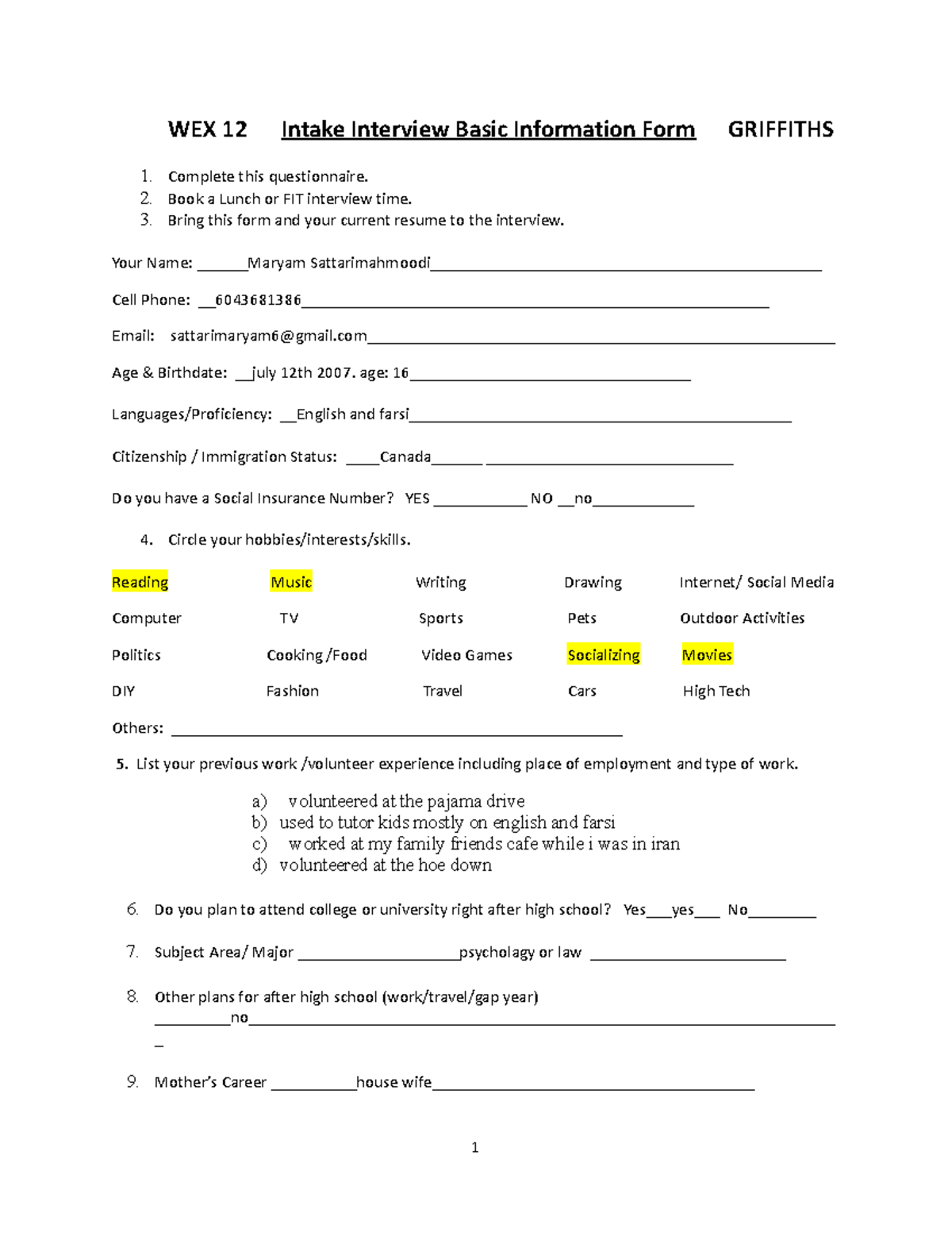 Copy of Intake Interview Basic Information Form - WEX 12 Intake ...