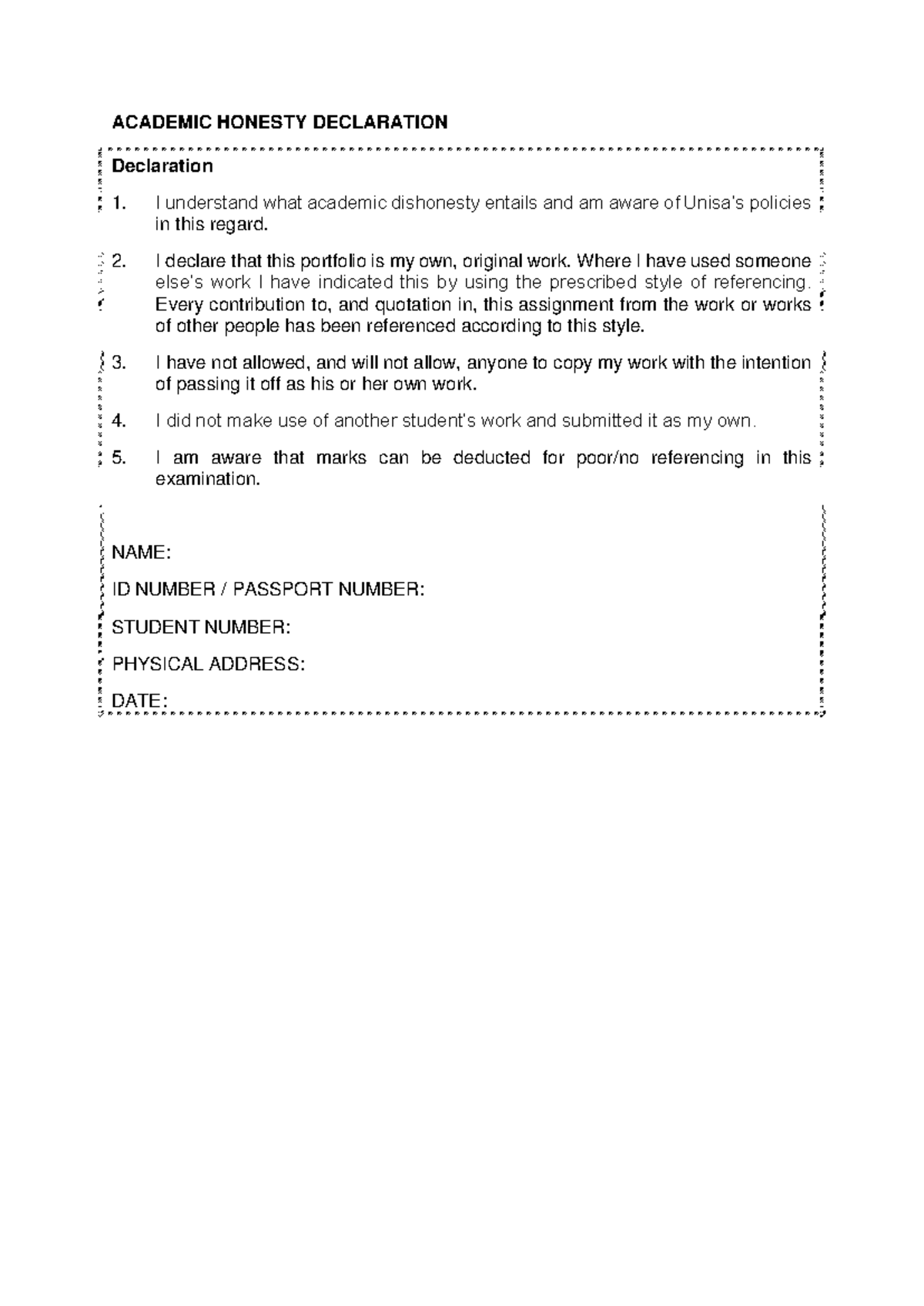 Academichonestydeclaration - ACADEMIC HONESTY DECLARATION Declaration I ...