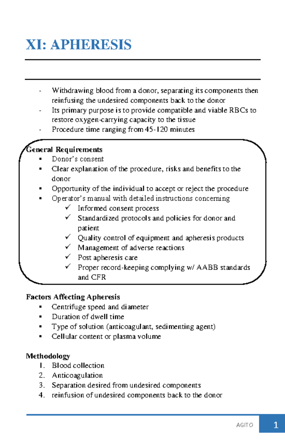 11 Apheresis - summaries - XI: APHERESIS - Withdrawing blood from a ...