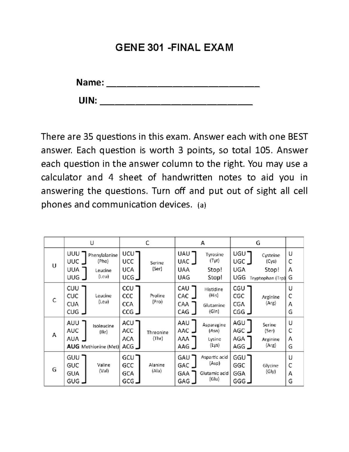 Final Practice Exam - GENE 301 -FINAL EXAM Name ...