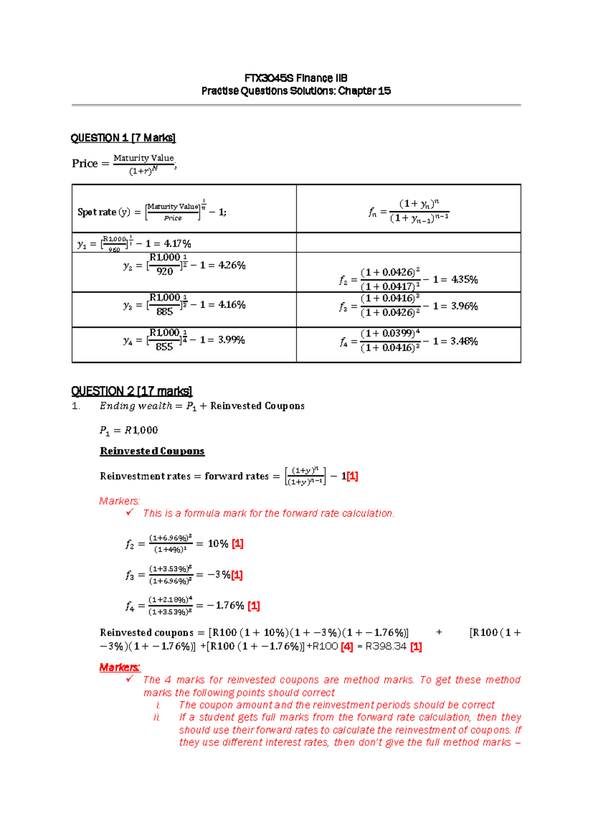 Tutorial Number 5 Solutions - FTX3045S Finance IIB Practise Questions ...