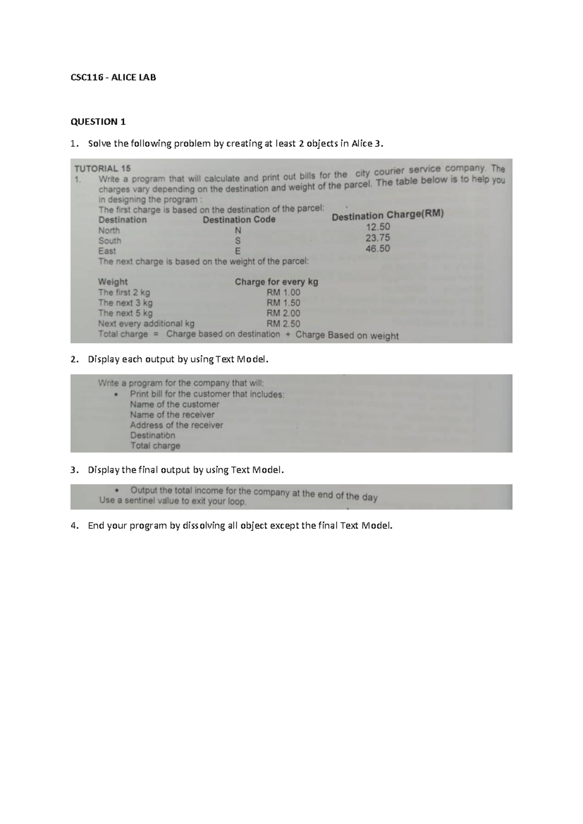 CSC116 - Alice LAB 2 - Science Computer - CSC116 - ALICE LAB QUESTION 1 Solve the following ...
