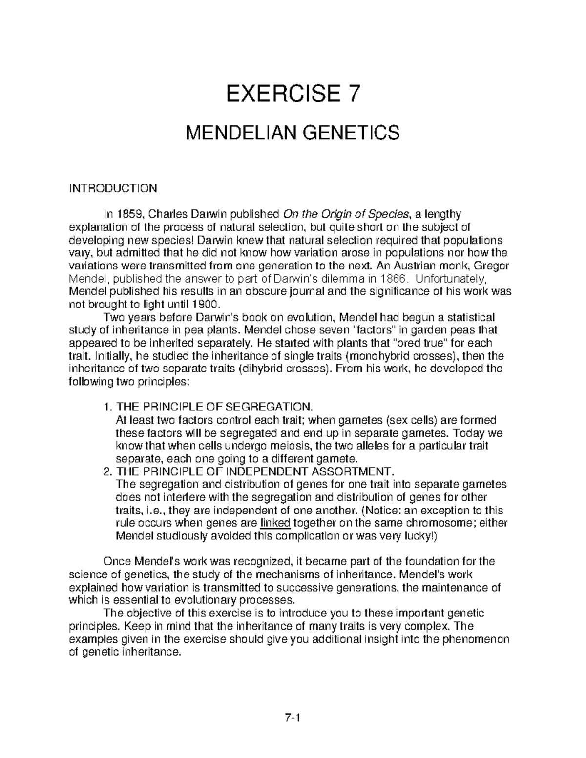 LM EX7 Genetics - Lab 7 work - EXERCISE 7 MENDELIAN GENETICS ...