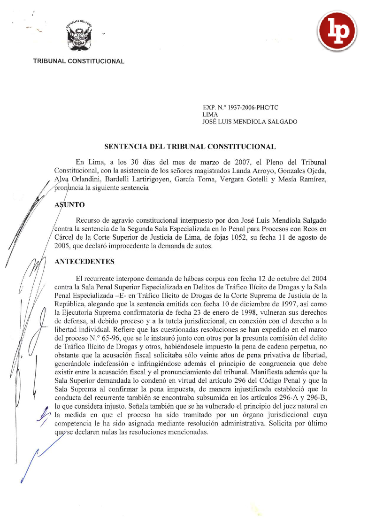 STC-01937-2006-HC-LP - ' - TRIBUNAL CONSTITUCIONAL EXP. N.º 1937-2006 ...