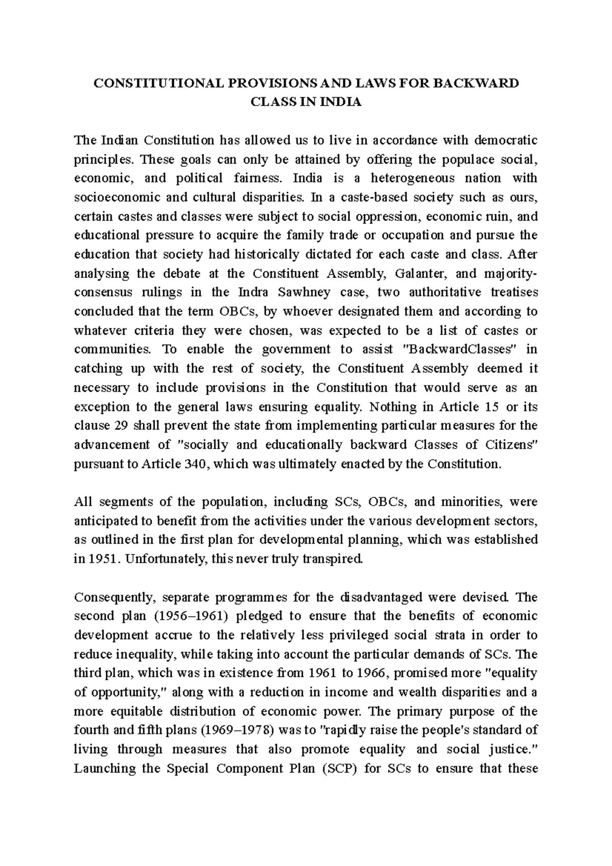 Constitutional Provisions and laws for backward class - CONSTITUTIONAL ...