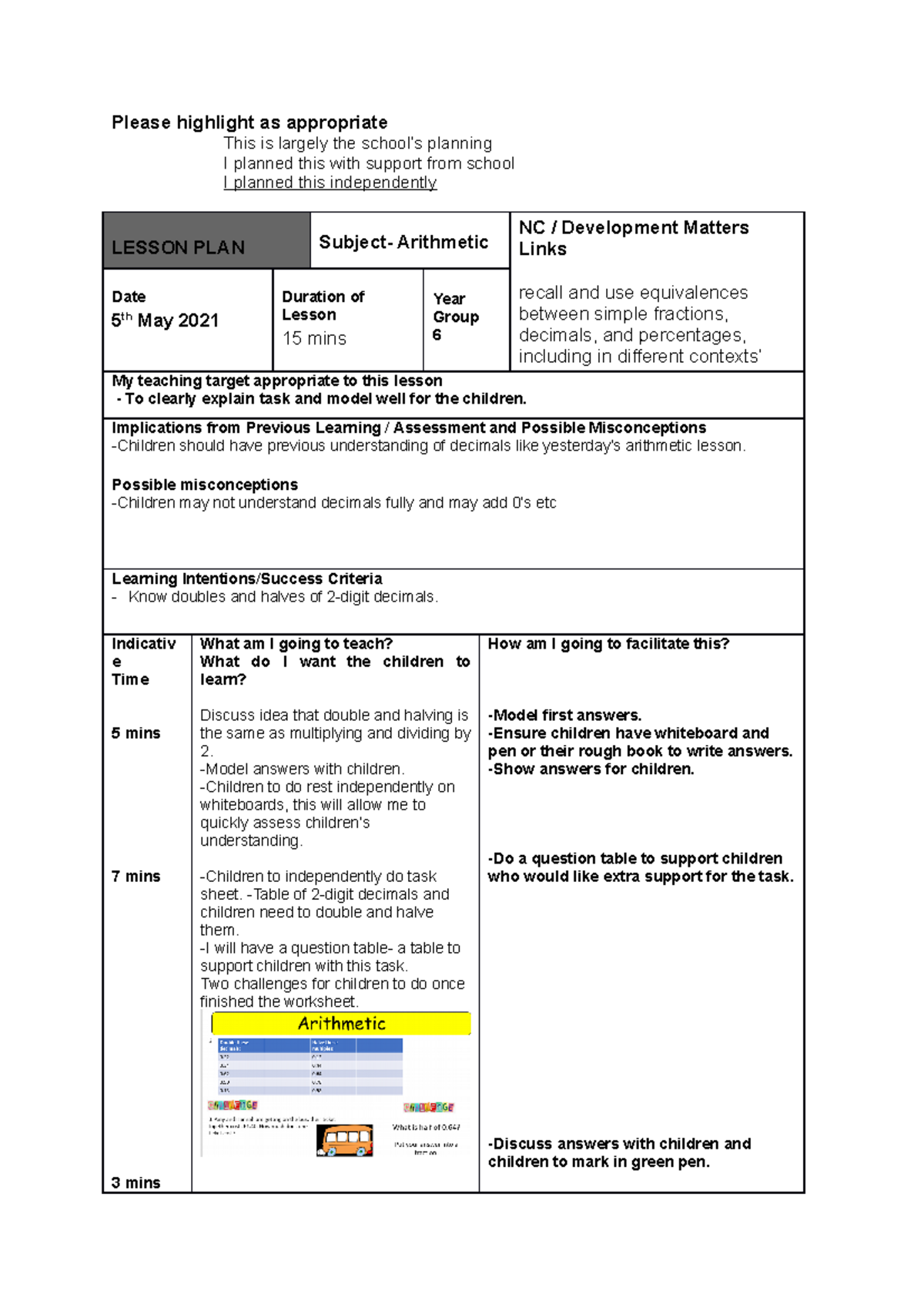 Lesson plan Arithmetic- Know doubles and halves of 2 digit decimals ...