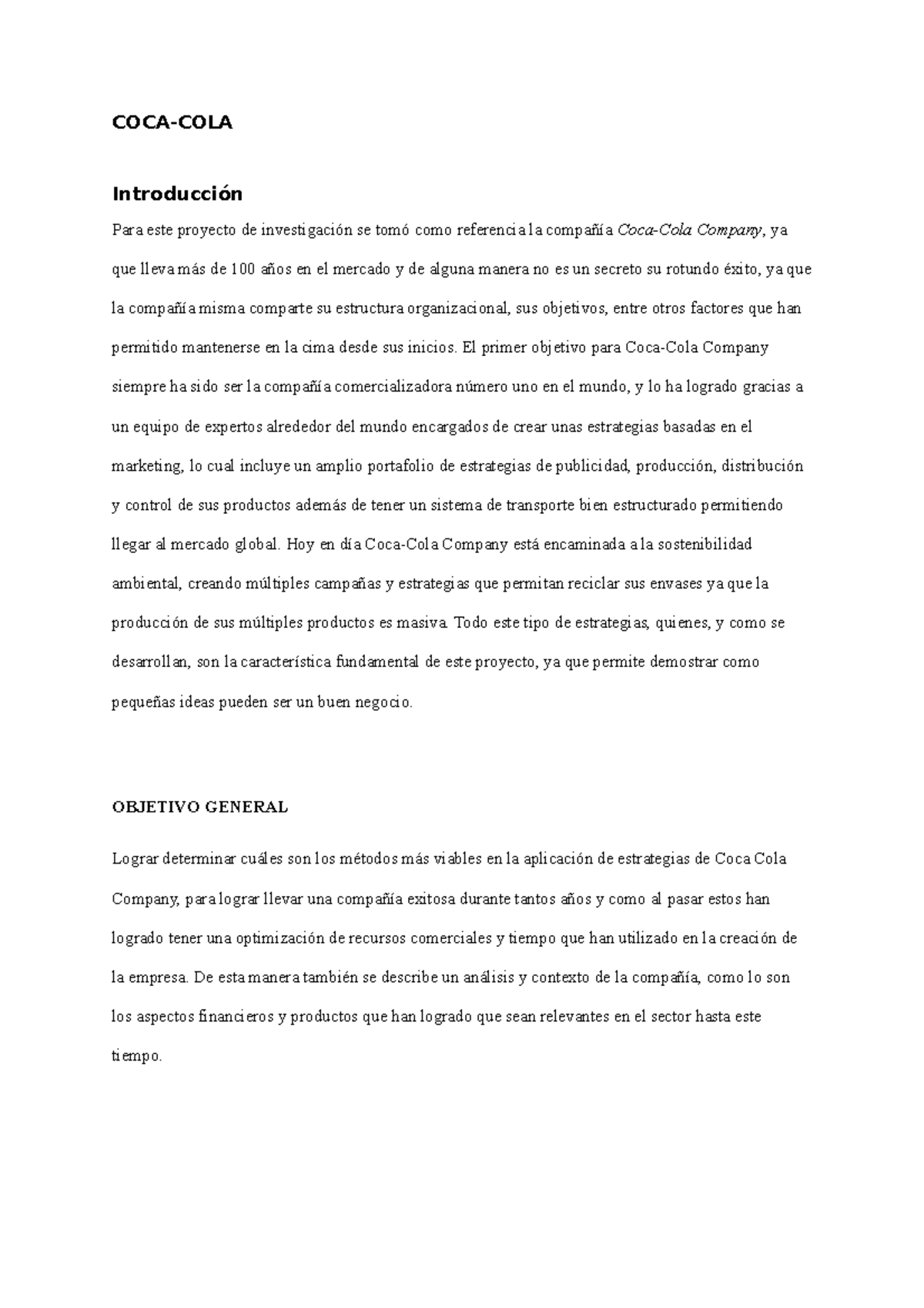 Documento 1 coca cola introduccion - COCA-COLA Introducción Para este ...