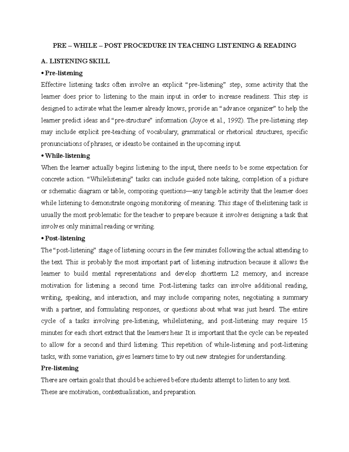 PWP Procedure - PRE – WHILE – POST PROCEDURE IN TEACHING LISTENING ...