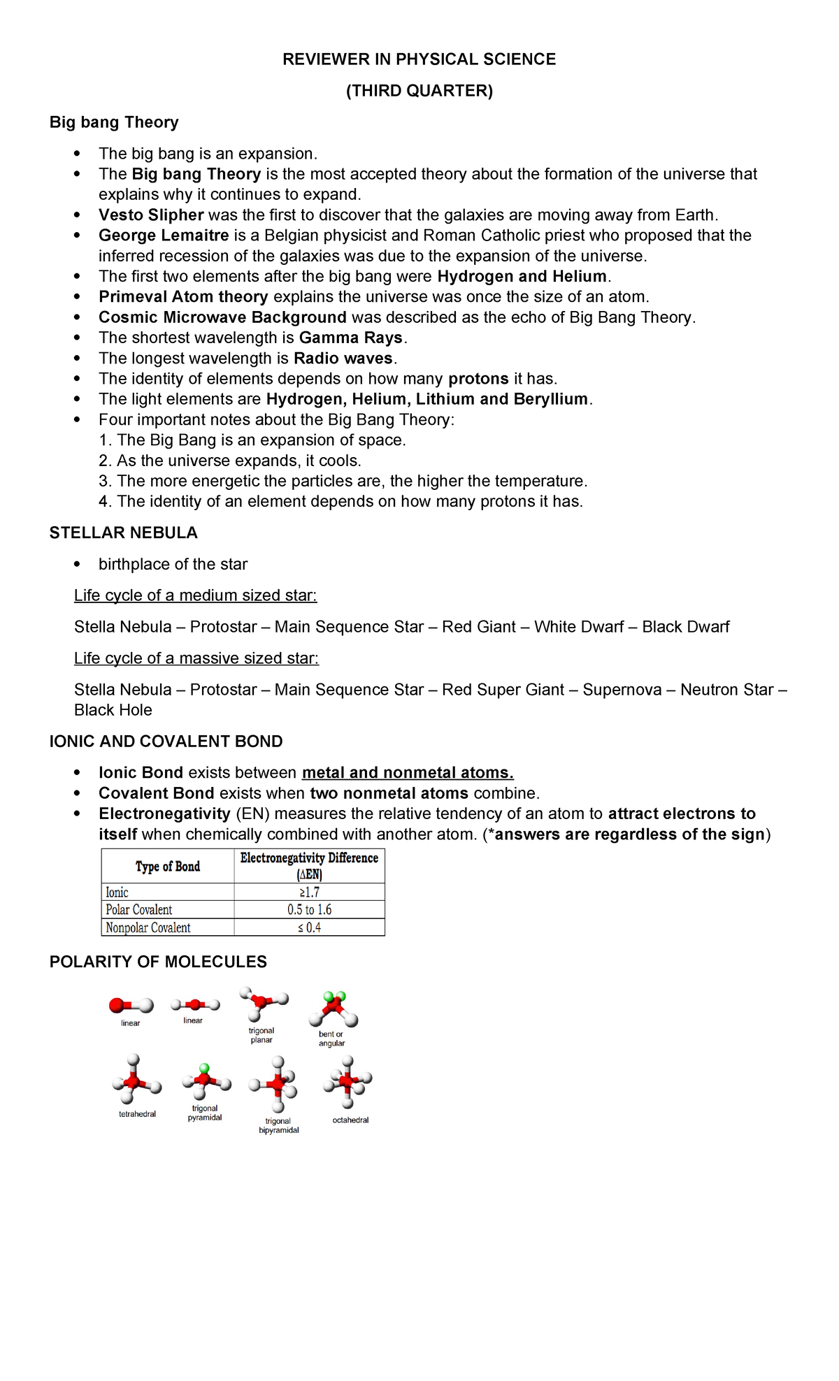 Reviewer - REVIEWER IN PHYSICAL SCIENCE (THIRD QUARTER) Big bang Theory ...