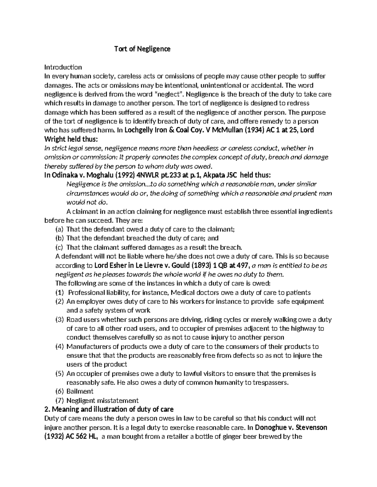 Torts of Negligence - Tort of Negligence Introduction In every human ...