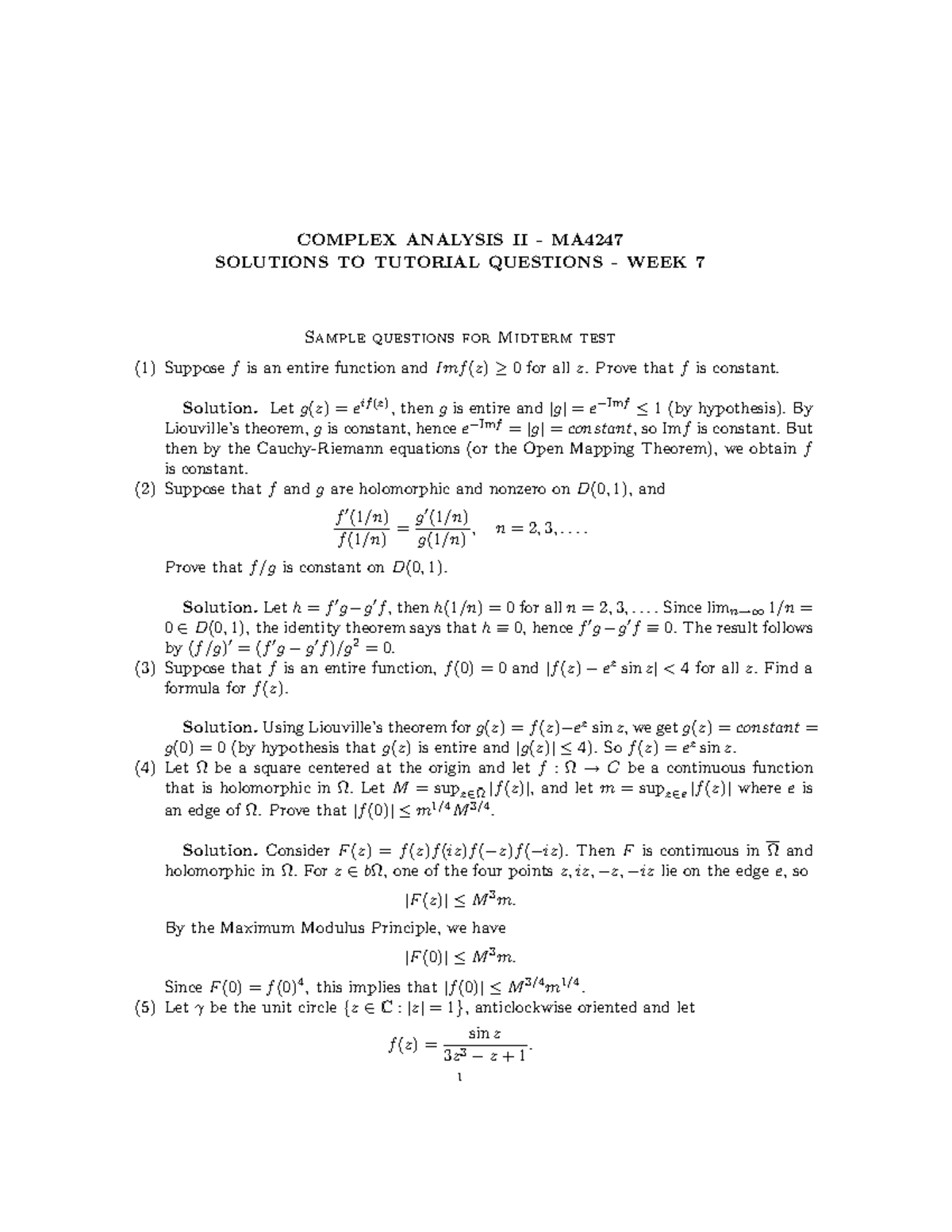 Sol sample questions mid - COMPLEX ANALYSIS II - MA SOLUTIONS TO TUTORIAL QUESTIONS - WEEK 7 ...