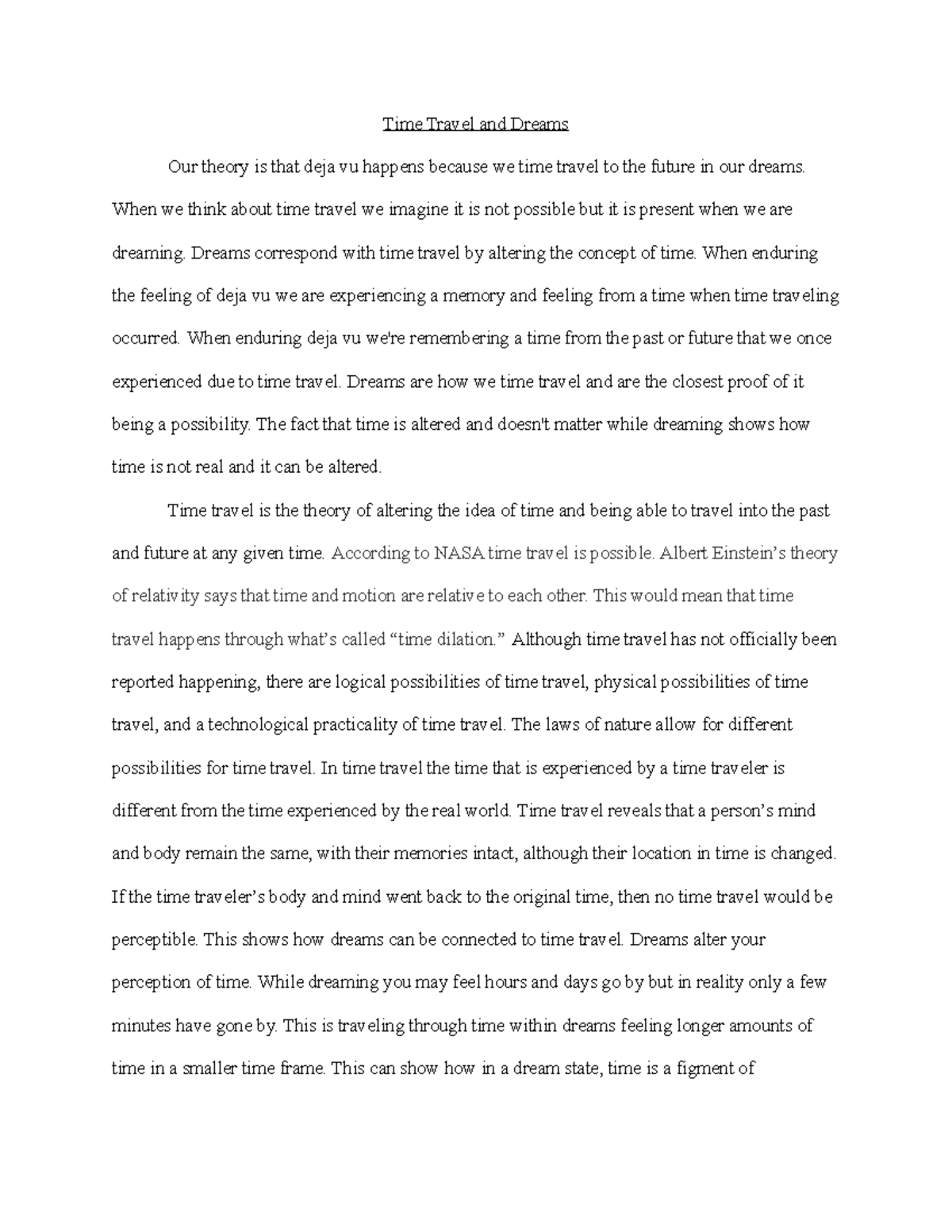 FYS Paper - Time travel - Time Travel and Dreams Our theory is that ...