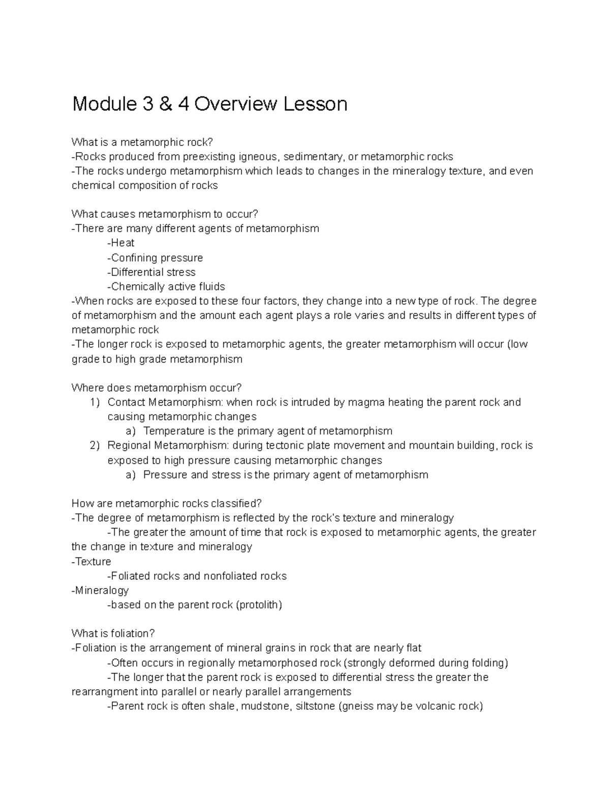Module 4 Notes - Module 3 & 4 Overview Lesson What is a metamorphic ...