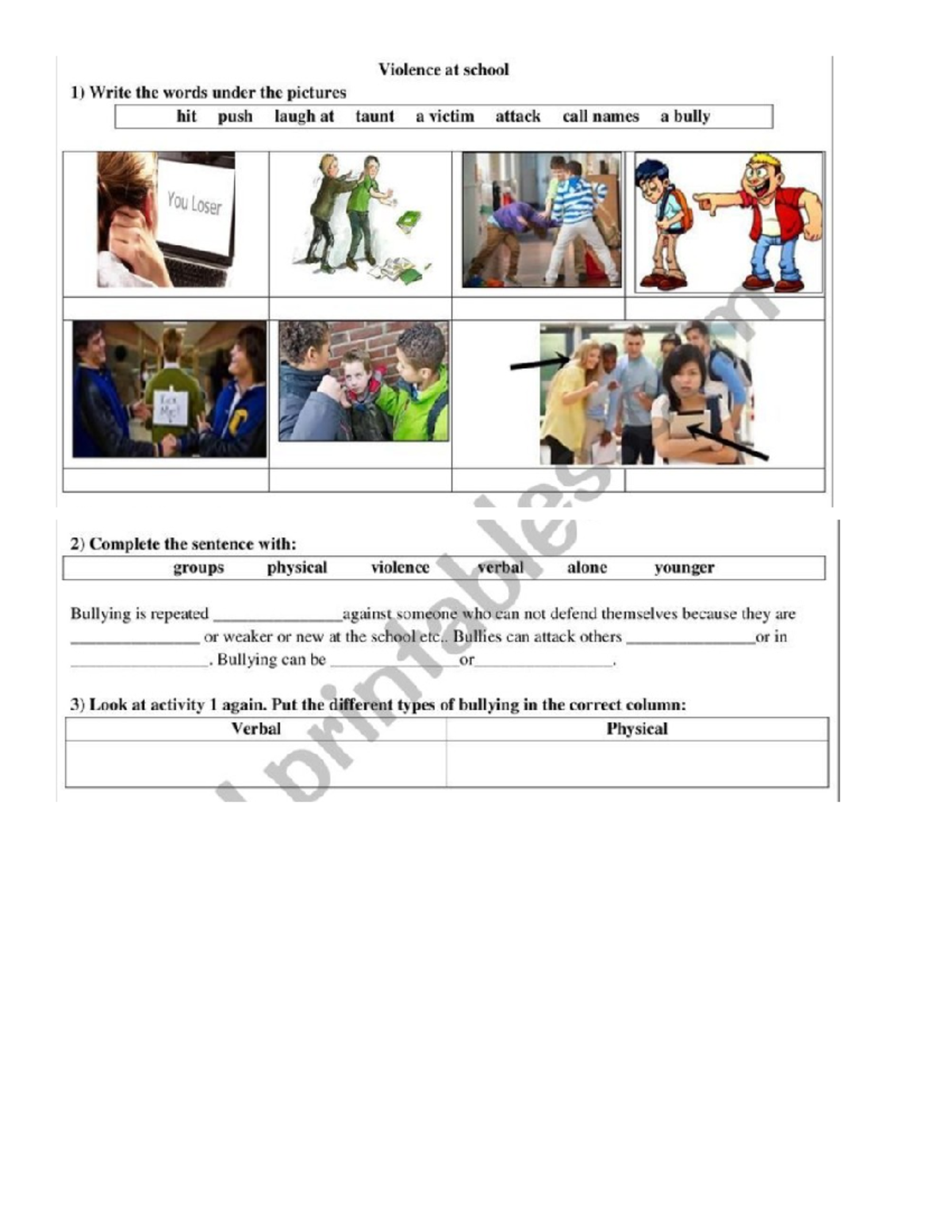 Activities Violence AT School all grades - Violence at school 1) Write ...