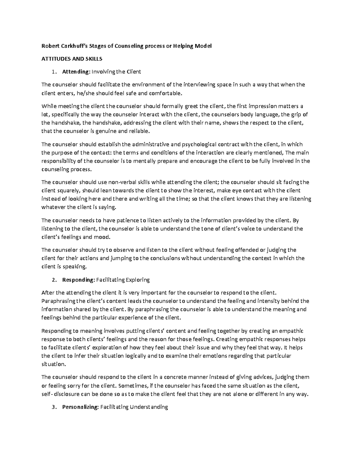Module 3 counselling - Robert Carkhuff’s Stages of Counseling process ...