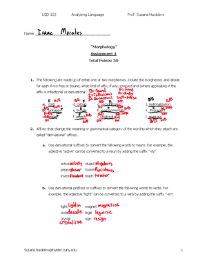 Assignment Morphology - LCD 102 Analyzing Language Prof. Susana Huidobro Name - Studocu