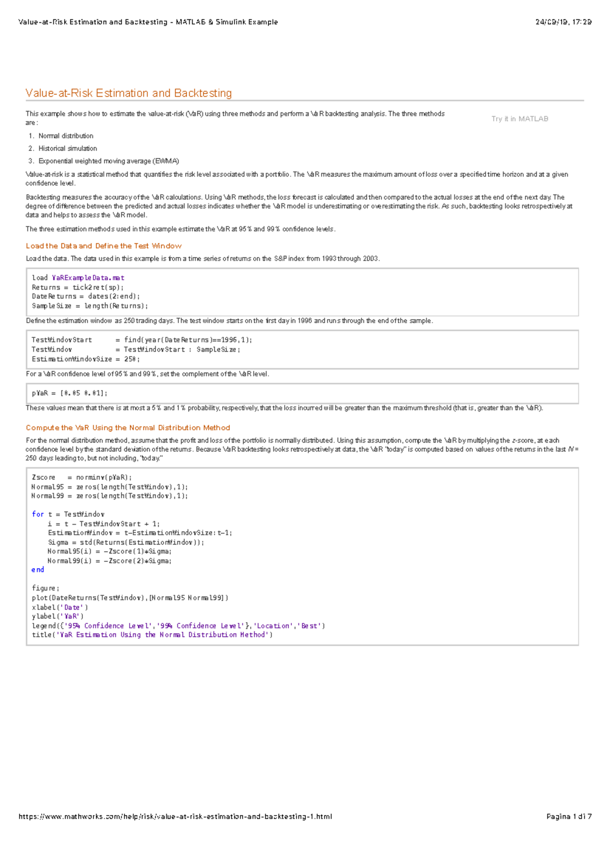 Value At Risk Estimation And Backtesting Matlab Simulink Example Value At Risk Estimation