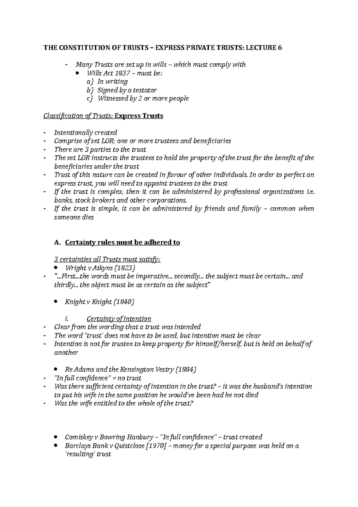 Lecture 6 - Express Private Trusts - THE CONSTITUTION OF TRUSTS – EXPRESS PRIVATE TRUSTS ...