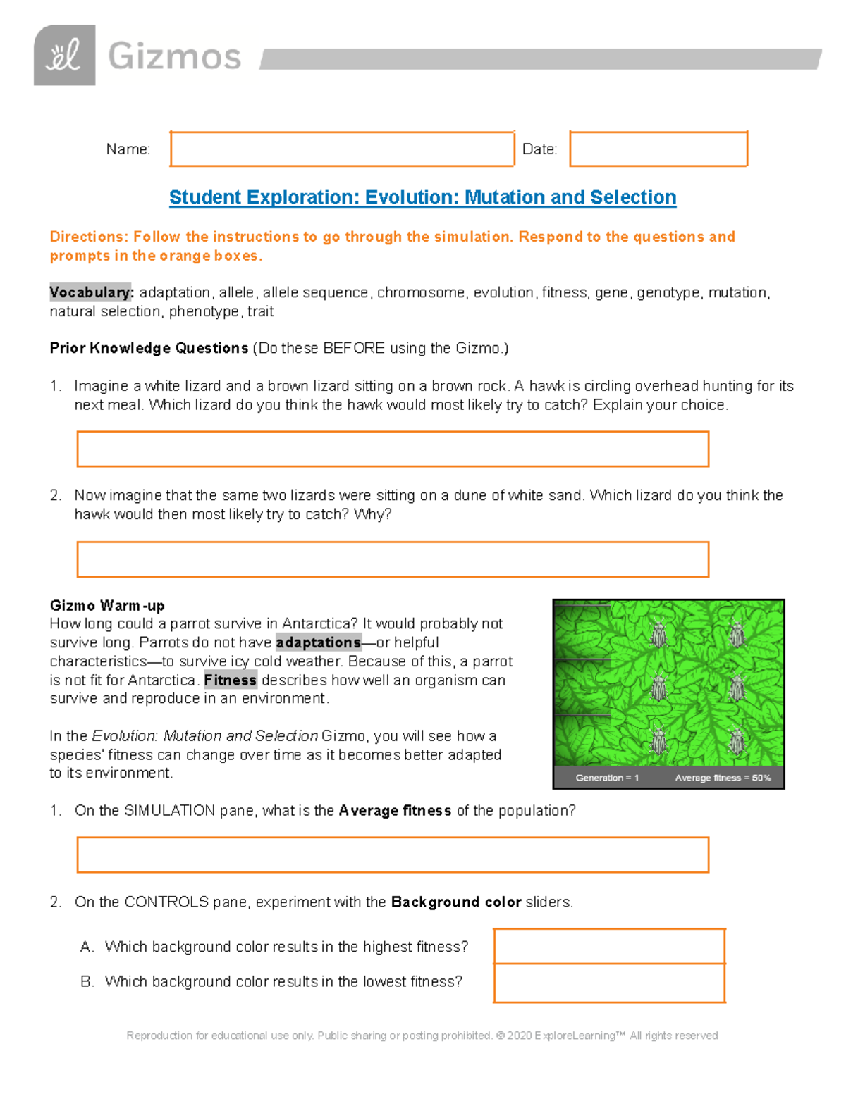 Copy of Evolution Mutation Selection SE - Name: Date: Student ...