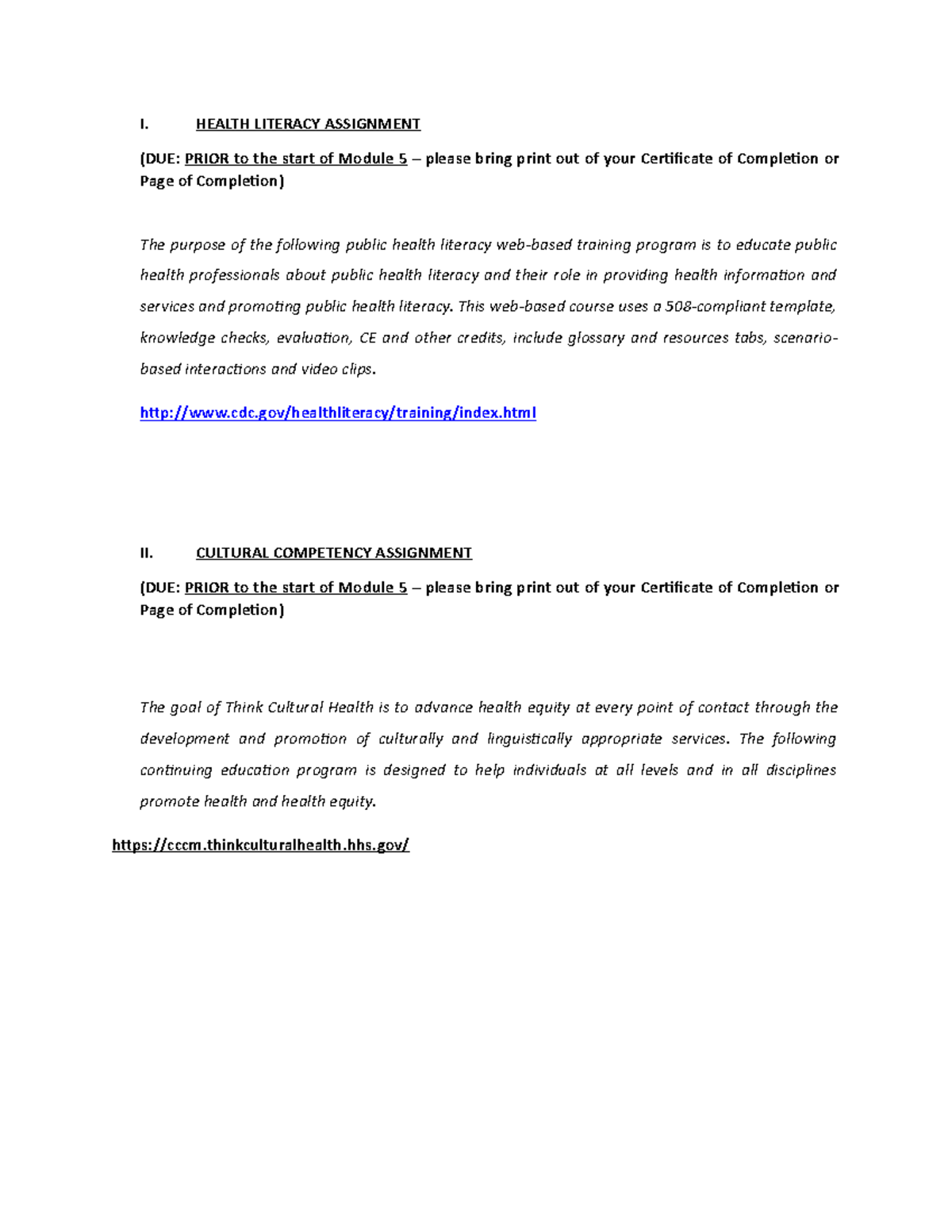 CC and Health Lit Assignments - I. HEALTH LITERACY ASSIGNMENT (DUE ...
