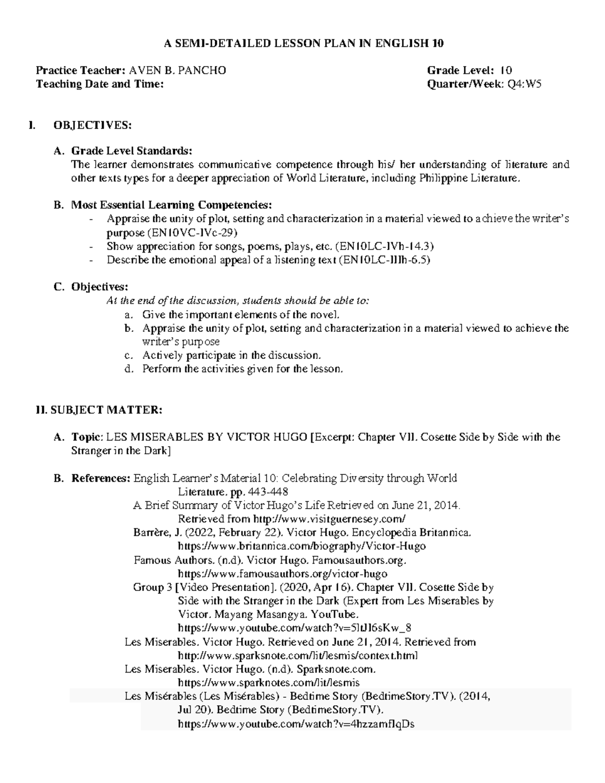 SDLP-Les Miserables - A SEMI-DETAILED LESSON PLAN IN ENGLISH 10 ...