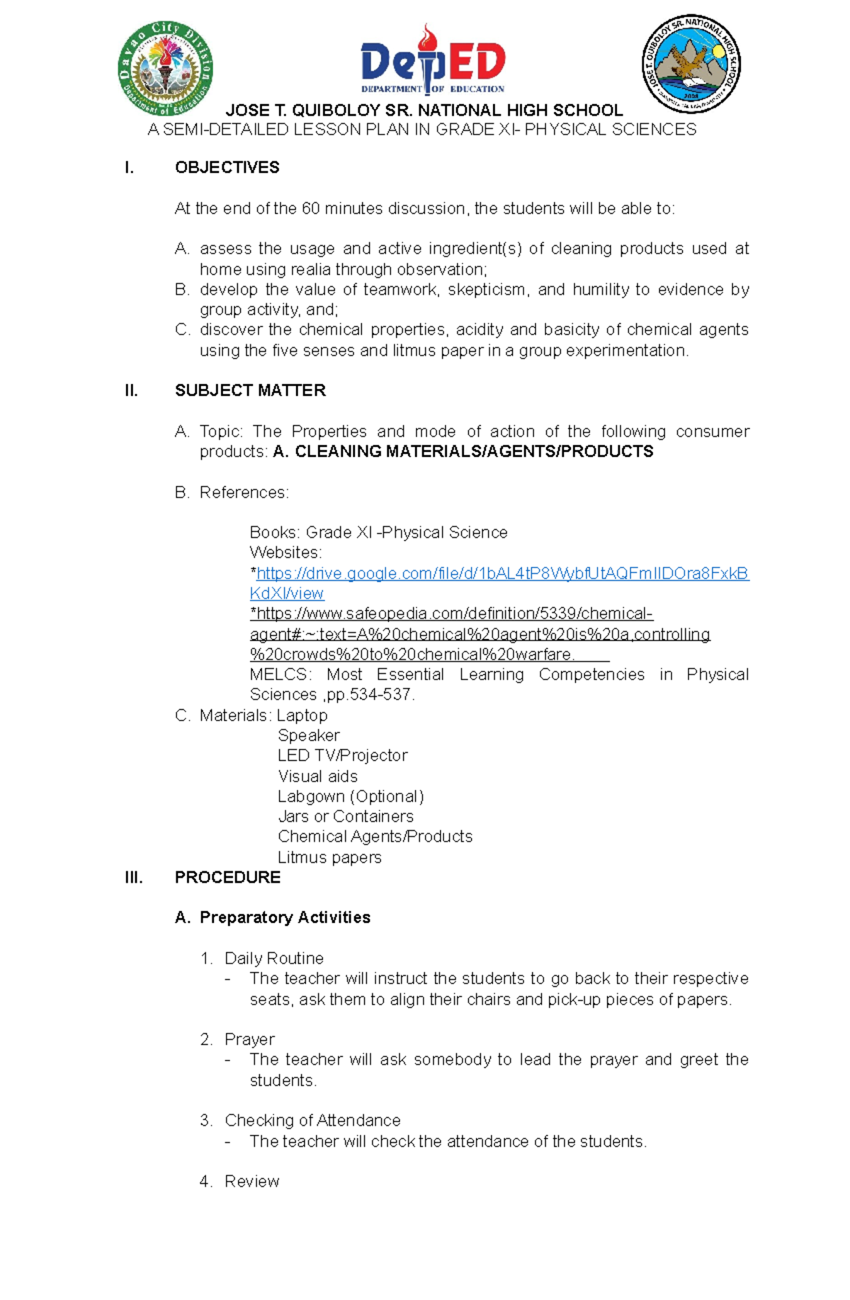 Teaching DEMO Lesson PLAN - JOSE T. QUIBOLOY SR. NATIONAL HIGH SCHOOL A ...