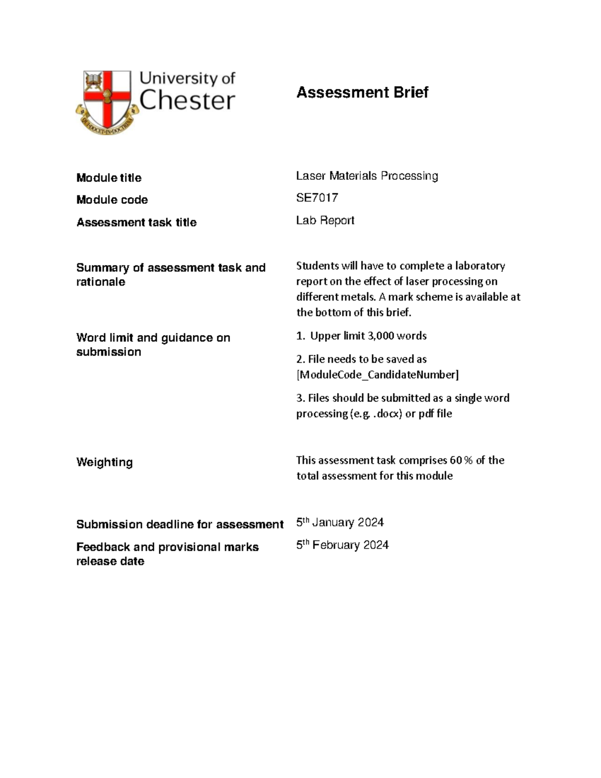 Assessment Brief Lab Report - Assessment Brief Module title Laser ...