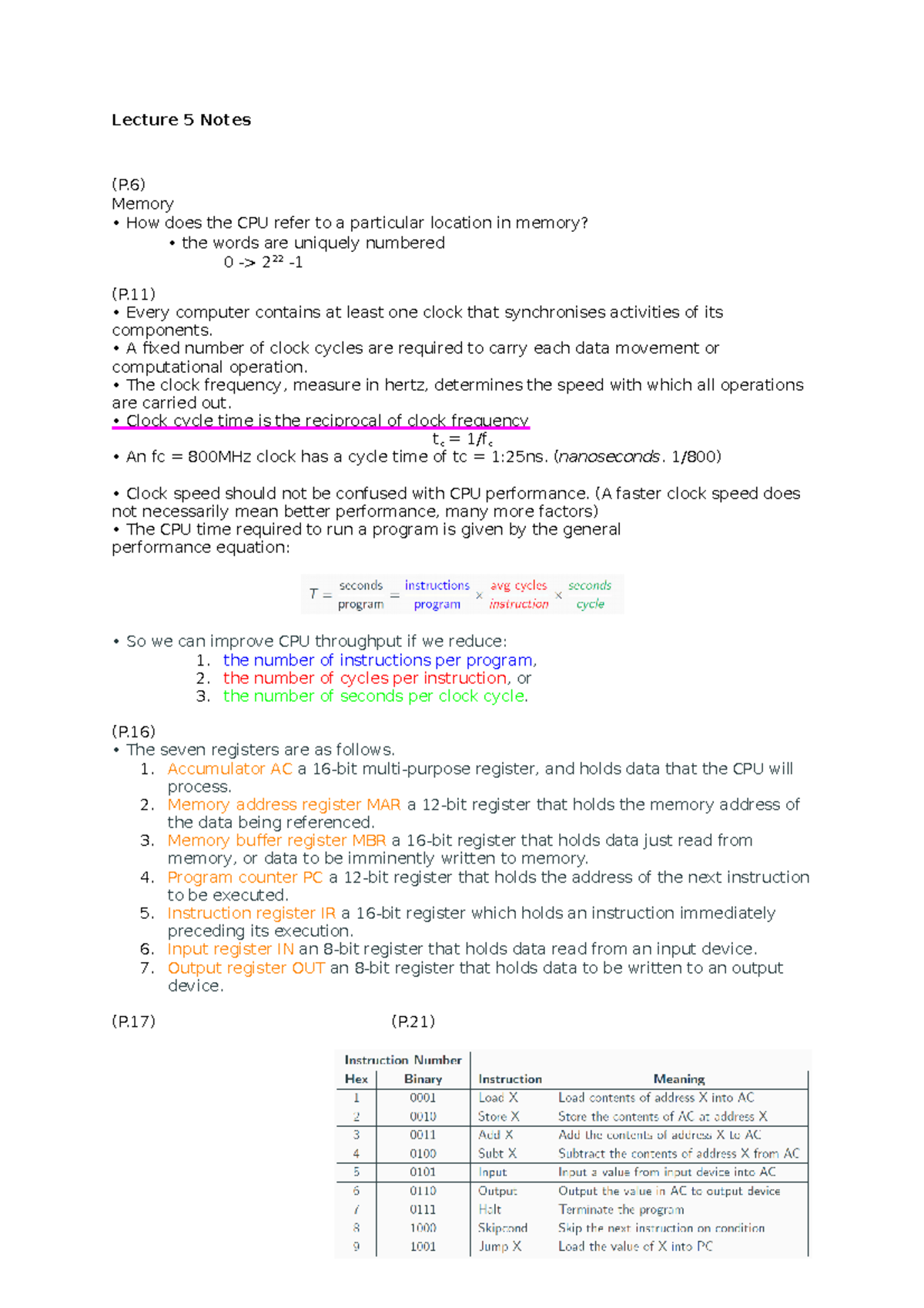 Lecture 5 Notes Lecture 5 Notes P Memory How Does The Cpu Refer To A Particular Location In