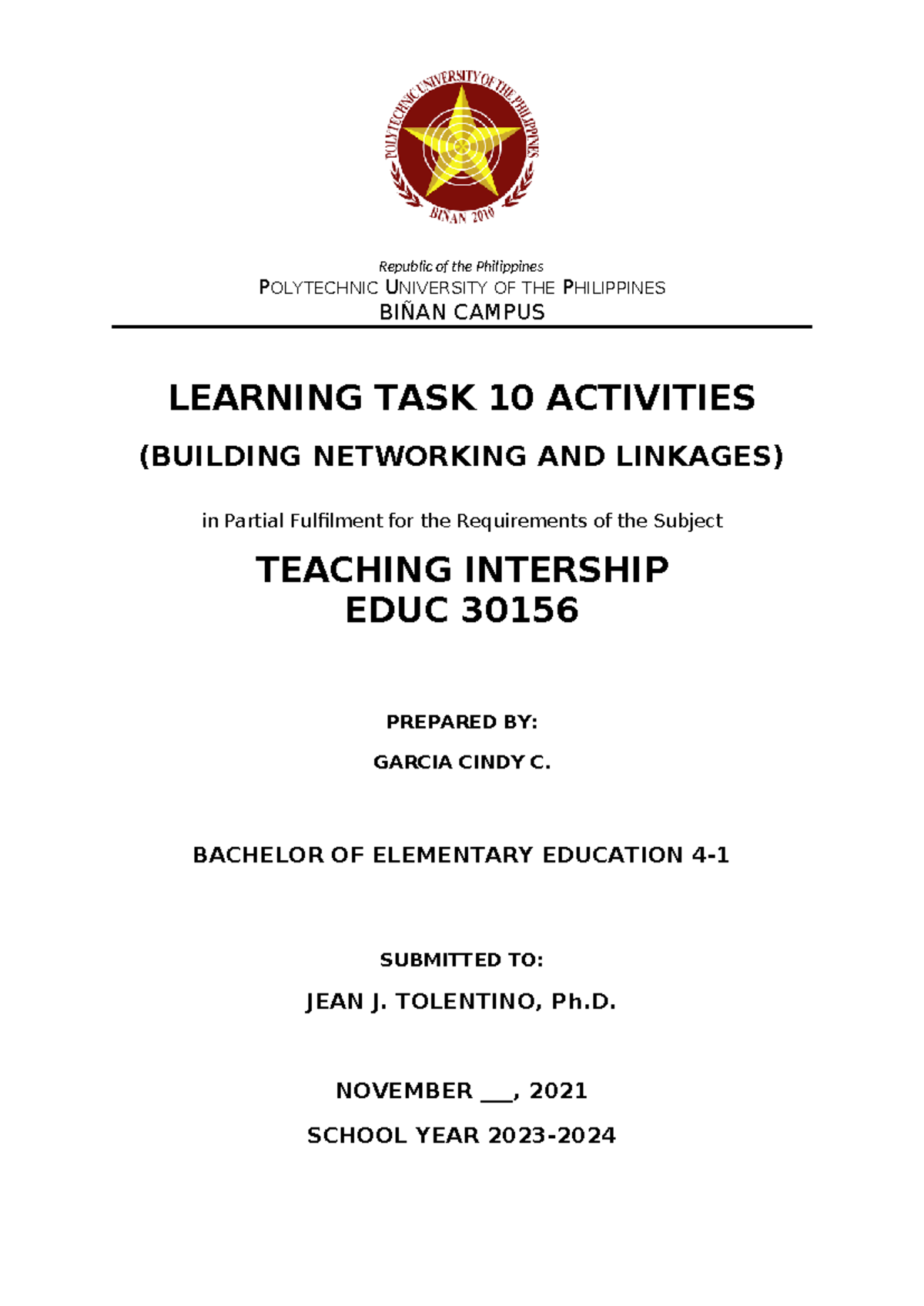 Learning Task 10 - POLYTECHNIC UNIVERSITY OF THE PHILIPPINES BIÑAN ...