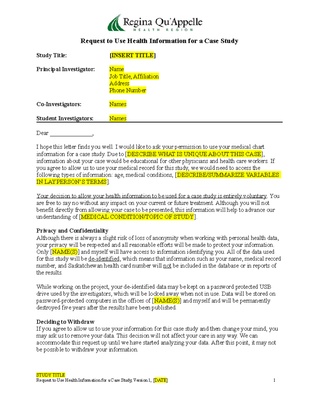 8991213 8 Case Study Consent Template - Request to Use Health ...