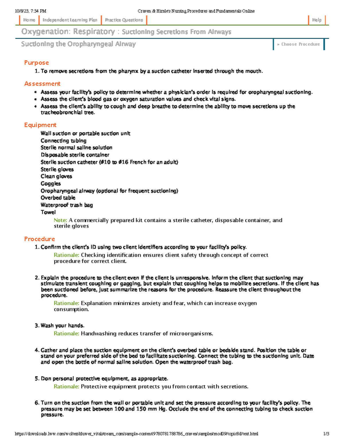 MS Oropharyngeal Suctioning Procedures with Rationale - 10/8/23, 7:34 PM Craven & Hirnle's - Studocu