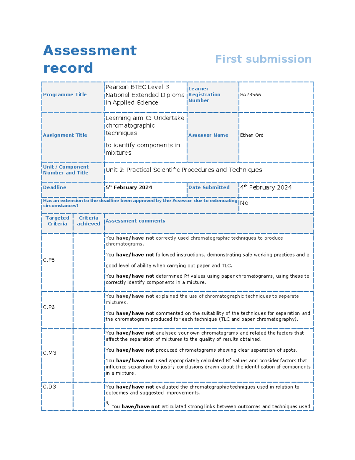 2C - Abdul coursework - Assessment record First submission Programme ...