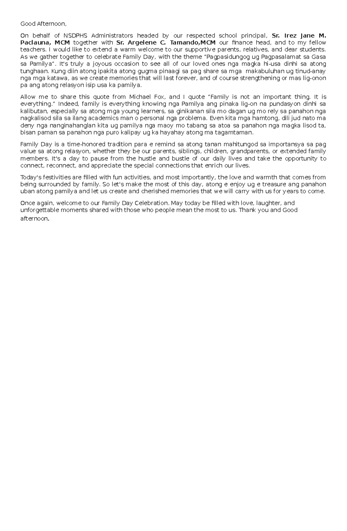 Opening Remarks - Good Afternoon, On behalf of NSDPHS Administrators ...