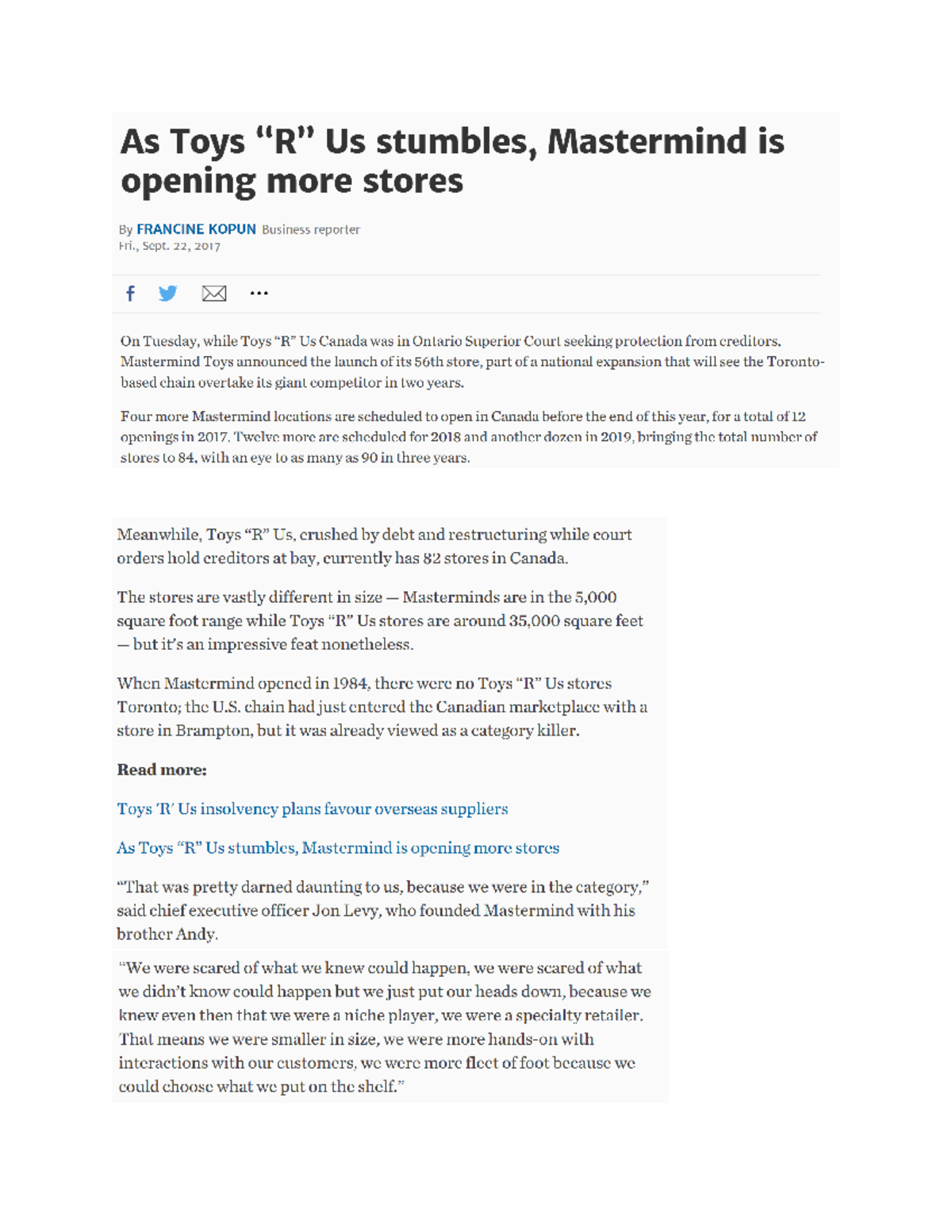 Toys R Us Article - 周二，当 Toys “R” Us Canada 在安大略高等法 院寻求债权人的保护时 ...