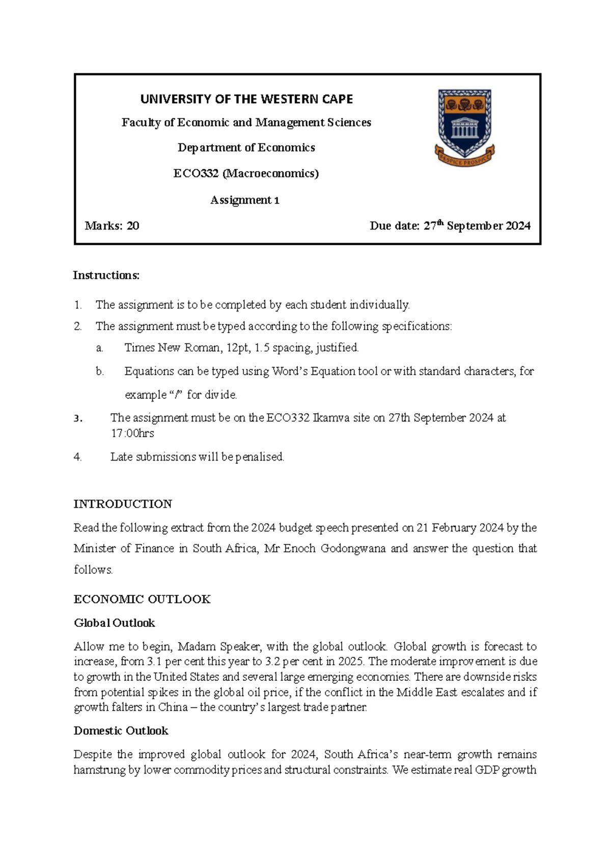 Assignment 1 2024 - UNIVERSITY OF THE WESTERN CAPE Faculty of Economic and Management Sciences ...