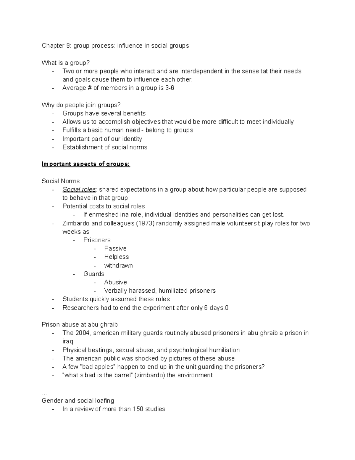 Chapter 9 - group lecture notes - Chapter 9: group process: influence ...