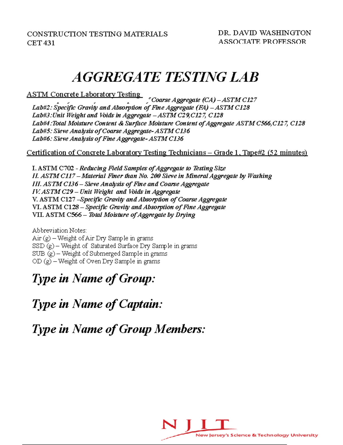 Aggregate Lab - Lecture notes 1 - Lab#1: Specific Gravity and ...