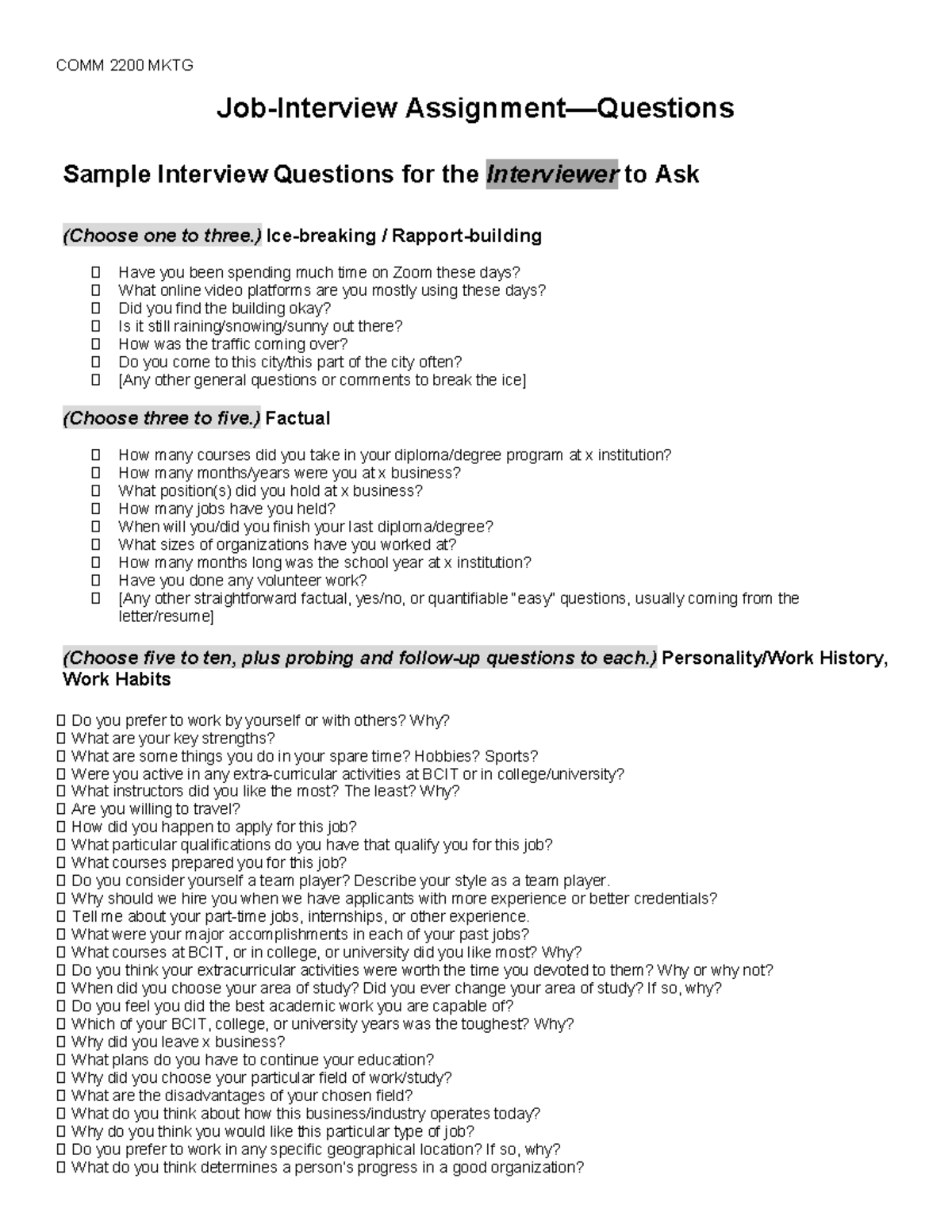 COMM2200 Mktgsample Interview Questions - COMM 2200 MKTG Job-Interview ...