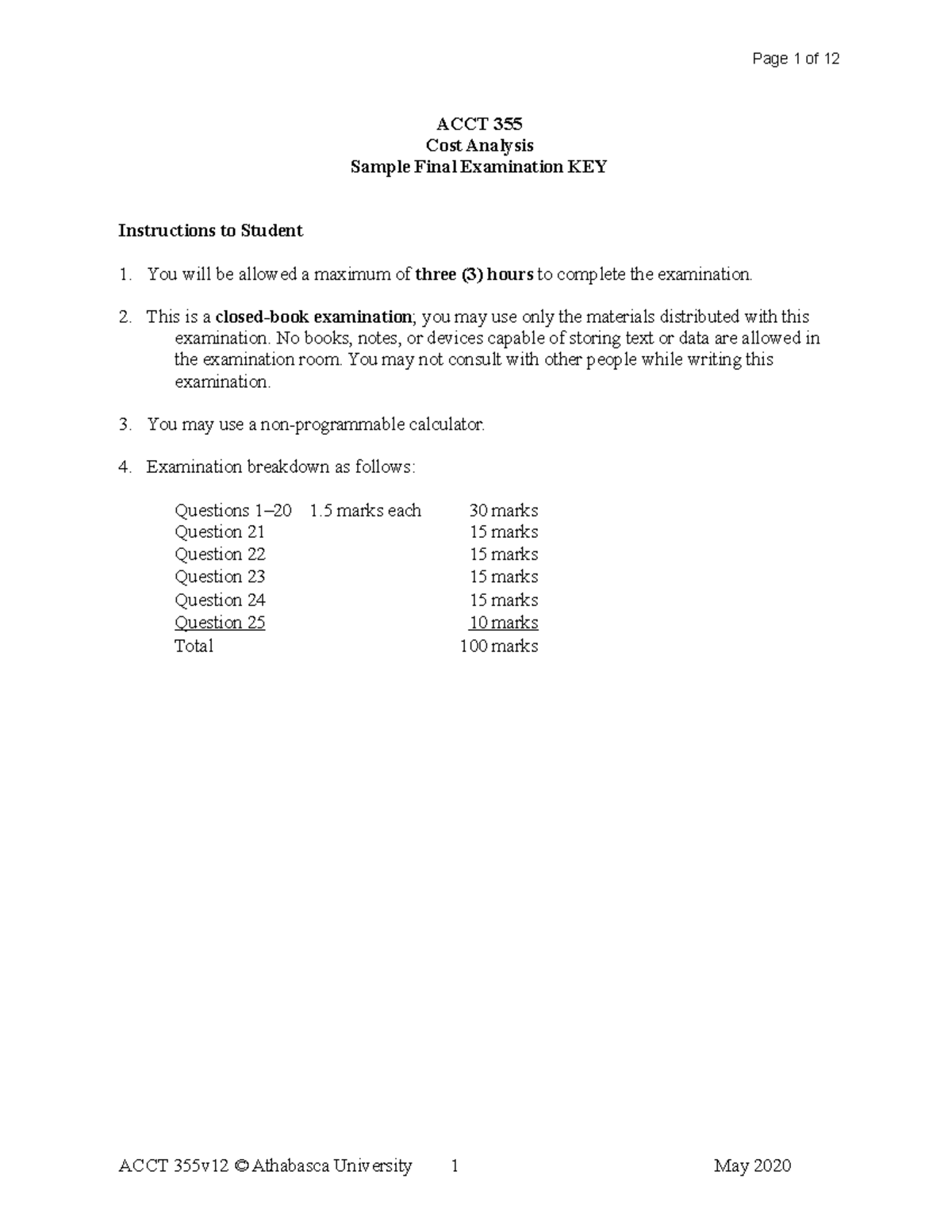 ACCT355v12 Sample Exam KEY - ACCT 355 Cost Analysis Sample Final Examination KEY Instructions to ...